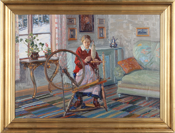 JOHAN EDVARD STENSTRÖM. Woman at spin rock, signed, oil on canvas. Art ...