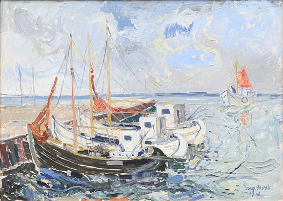 AAGE STRAND (DANMARK, 1910-1974). Fishing boats, North Zealand, oil on ...