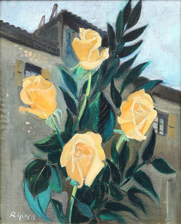 HANS RIPA. "4 yellow roses in a window", oil on canvas, signed Ripa ...