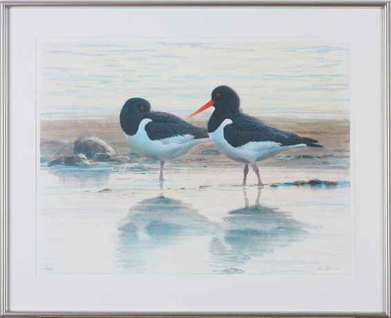 LARS JONSSON. Beach magpies, color lithography, signed and numbered 153 ...