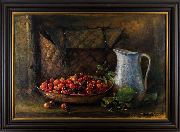 FRITZ JAKOBSSON (FÖDD 1940). stilleben med körsbär, signerad samt ...