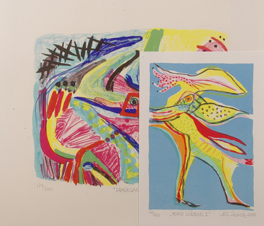 LIS ZWICK. "Homo ludens I" and "Dragon Dance", 2 color lithographs ...