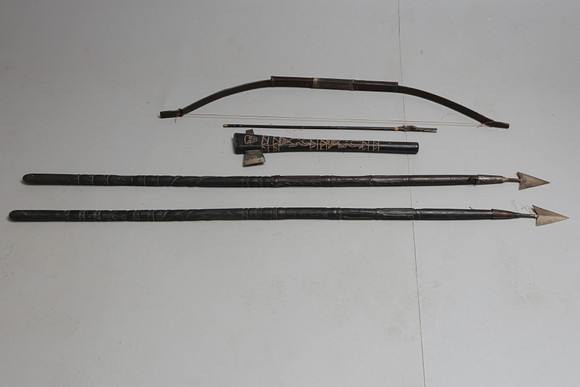 HUNTING WEAPONS, spear, bow, and hatchet. Weapons & Militaria - Edged ...