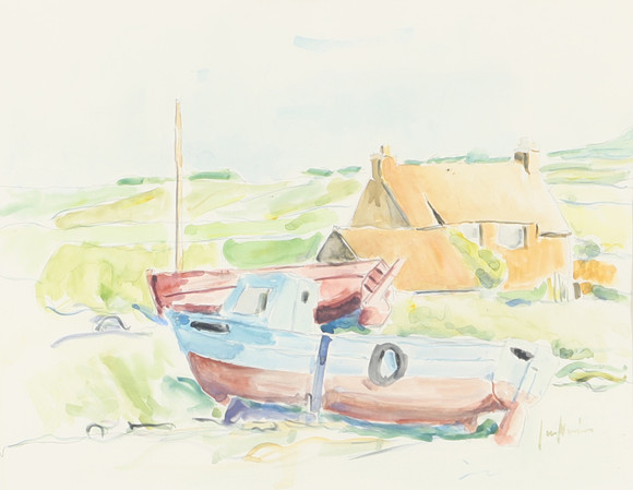 JAN NORÉN. Landscape with houses and boats, watercolour, signed. Art ...