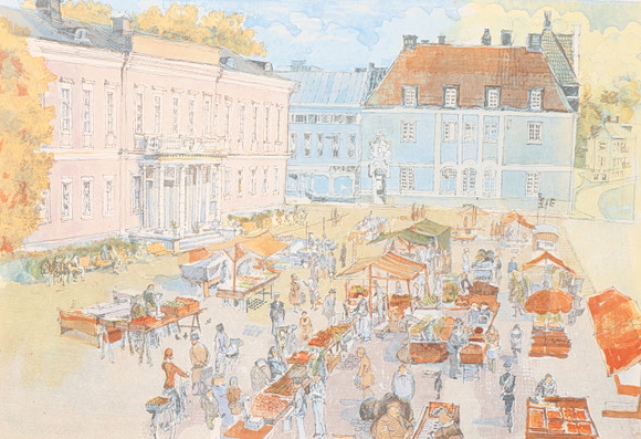 CLAES FOLCKER. Torghandel i Växjö, litografi, signerad, numrerad 12/185 ...