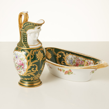 HAND JUG and DISH, France 19th century, porcelain, polychrome ...