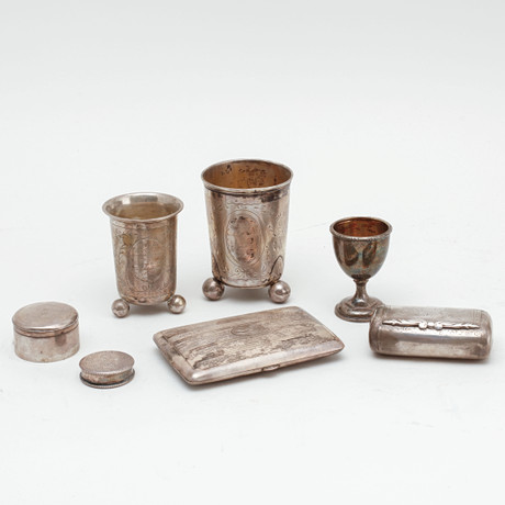 SILVER OBJECTS, 7 pieces, 18/1900s, total weight approx. 380 grams ...