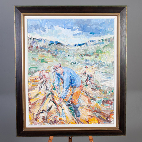 KARL HALL. Olja på duk. Timmerman i arbete, signerad. Konst - Måleri ...