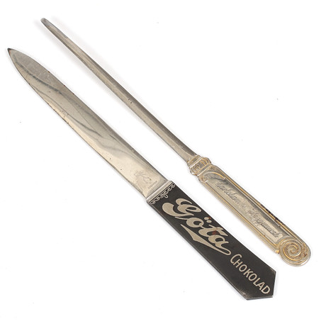 LETTER OPENER, 2 pcs. Karlshamn Flaggpunsch and Göte Chocolate. 20th ...