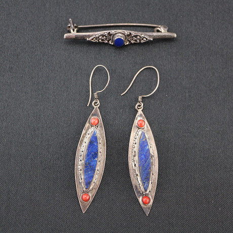 MASSA ÖRHÄNGEN & LAPIS LAZULI 925 SILVER KINESISK BROSCH. Smycken ...