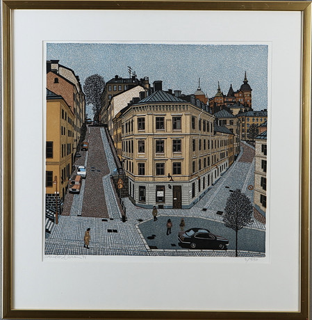 SVEN OLOF EHREN. Color lithograph, Södermalm with Brännkyrkagatan and ...
