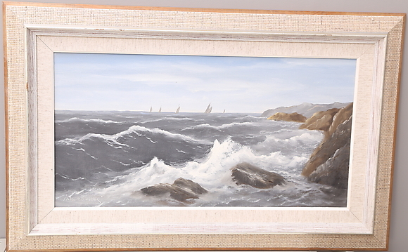 LARS NORBERG. olja duk, Kustvy med segelbåtar. Konst - Måleri - Auctionet