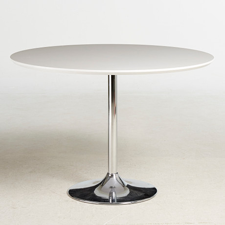 TABLE, 2000s, round table top, white lacquered, central leg in chromed ...