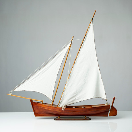 MODEL BOAT, two-masted, lacquered wooden hull, adjustable rudder ...