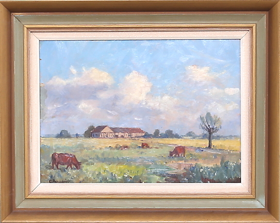 GUNNAR BERGQVIST. Landscape with grazing cows, oil on Board, signed G ...