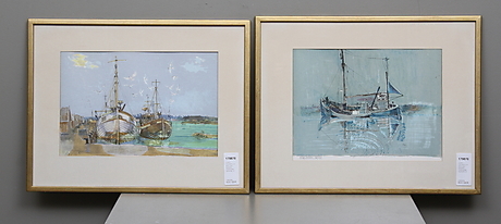 CLAES FOLCKER. 2 st. Motiv med fiskebåtar. Färglitografier. Signerade ...