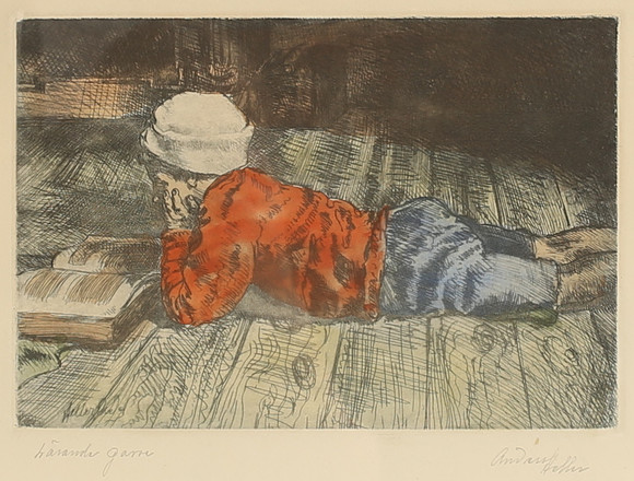 ANDERS HELLER. Färgetsning, "Läsande gosse", signerad. Konst - Grafik ...