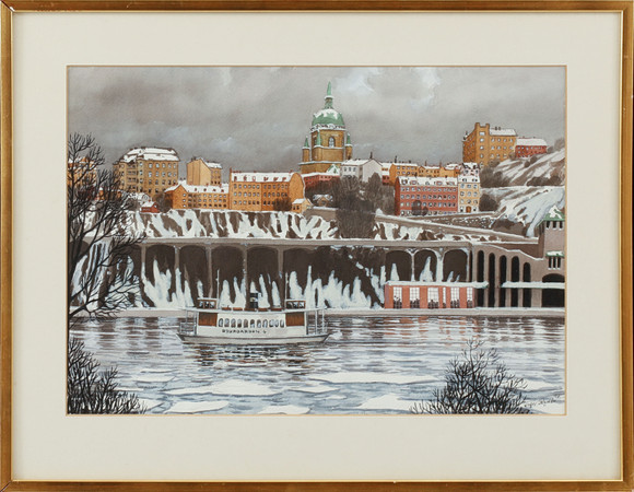 INGER RYDÉN. Vista de la iglesia de Södermalm y Katarina, técnica mixta ...