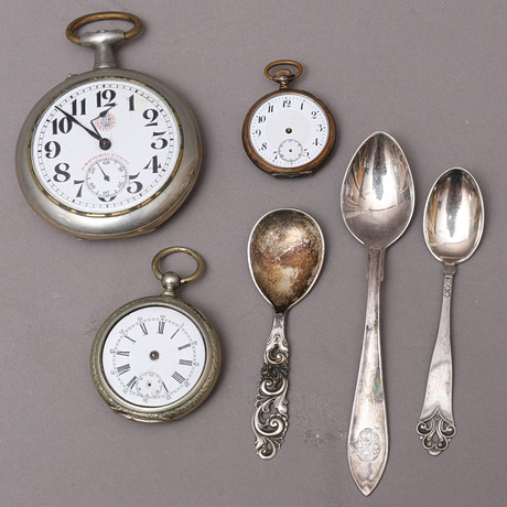 POCKET WATCH & SPOONS, 6 parts, partly silver. Silver & Metals - Silver ...