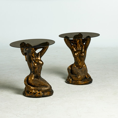 SIDE TABLES, 1 pair, 1900s/2000s in the shape of mermaids, glass tops ...