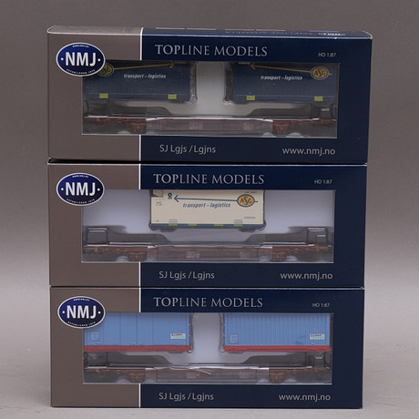 TRAIN WAGONS, 3 pcs, container wagon, SJ; topline models, NMJ, scale 1: ...