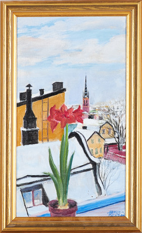 HANS-ERIK ERIKSSON (1921-1997). Hustak mot Riddarholmskyrkan, olja på ...