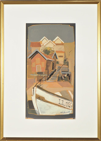 MAX LARSON. mixed media, fishing boat in coastal harbour, signed. Art ...