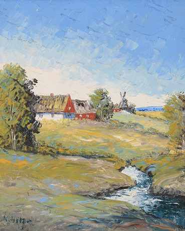 KARL HELGO. Landskap med gård och mölla, olja på duk, signerad K. Helgo ...