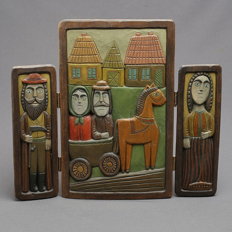 MARIAN ULC. Painted wooden relief in three sections, signed on verso ...