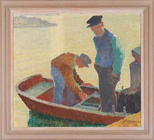 ANDERS OLSON (1880-1955). Figurer i båt, olja på pannå, signerad och daterad -54. Konst - Måleri ...