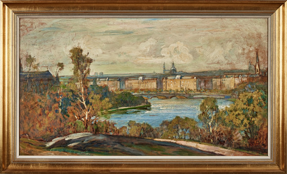 AXEL PETER (1863-1942). Utsikt från Djurgården mot Strandvägen i ...