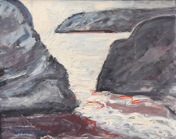 INGEGERD ALBERTS. "Klippor och hav i silverdis", olja på duk, signerad ...