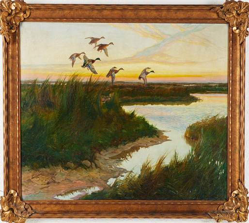WILLIAM GISLANDER (1890-1937). Scattered ducks, oil on canvas, signed ...