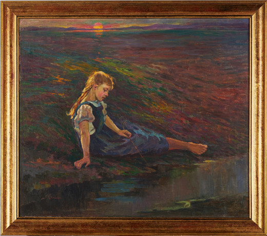 ELSE KRÜGER (1882-1955). Flicka vid å i solnedgång, olja på duk ...
