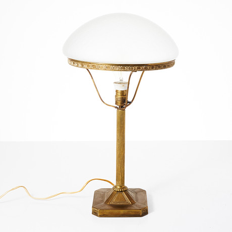 TABLE LAMP, Art Nouveau, brass frame and frosted glass dome. Lighting ...