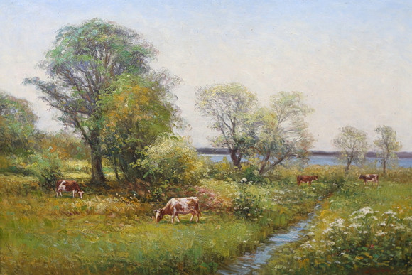 SEVERIN NILSSON. Summer landscape with cows by the lake. Oil on canvas ...
