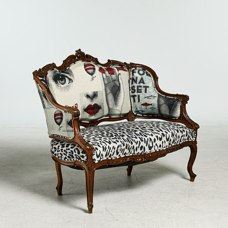 SOFA, rococo style, two-seater model, upholstered in polychrome ...