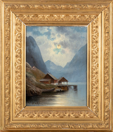 ANSELM DAHL. Moonlight over the fishing home, signed A. Dahl, oil on ...