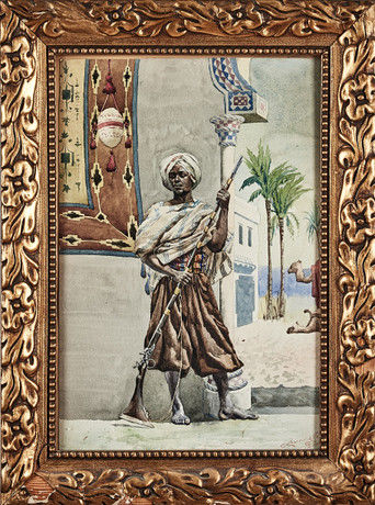 OIDENTIFIERAD KONSTNÄR. Posing Bedouin with rifle, watercolor. Art ...