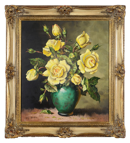 WILLY HANFT. "Still Life with Yellow Roses in a Green Vase". Oil on ...
