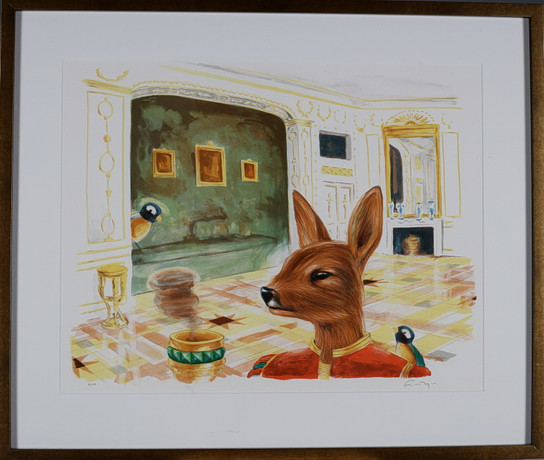 ERNST BILLGREN. Rådjur i rumsinteriör, färglitografi, signerad och ...