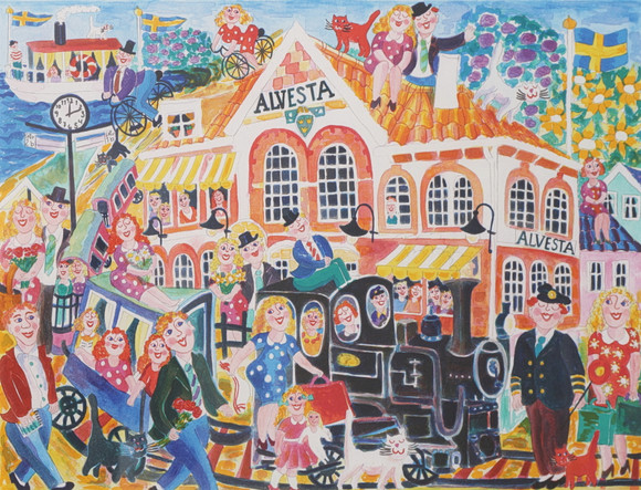 GUNILLA MANN. "Byte i Alvesta", color lithograph, signed, numbered 83/ ...