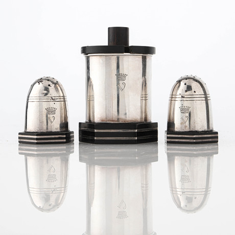 SALT- och PEPPARSTRÖARE samt SENAPSBURK, silver, bakelit, Eric Pihlgren ...