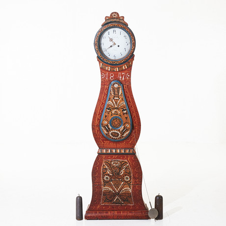 FLOOR, 19th century, Dalarna, dial marked AAS Mora, two plumb bobs ...