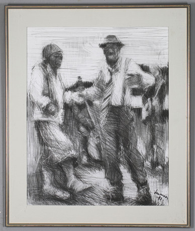 LARS MATSON. "Party in the village", charcoal drawing, signed and dated ...