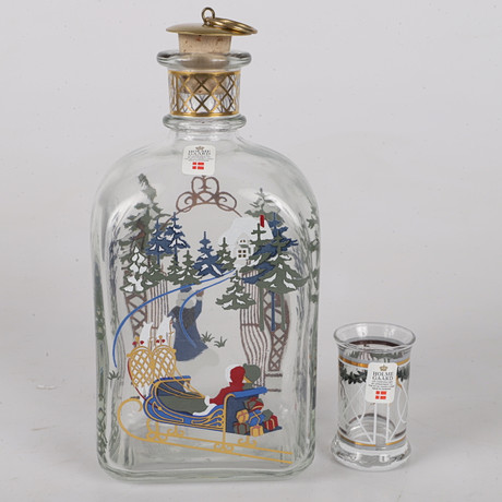 KARAFF SAMT SNAPSGLAS, 9 delar, dekormålat glas, Holmegaard, Danmark ...