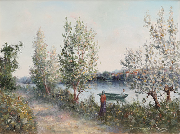 COLIN MAXWELL PARSONS (BRITISH, B.1936). FIGURES IN A RIVER LANDSCAPE ...