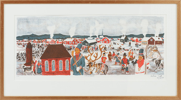 LARS PIRAK. "Jokkmokks marknad", färglitografi, signerad och numrerad ...