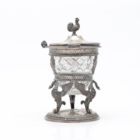 Fransk senapsburk i silver och snidat glas, från slutet av Från 1800 ...