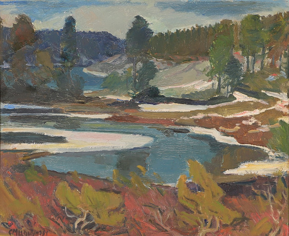CARL MAGNUS LINDQVIST. Landscape with lake, oil on Board, signed CM ...